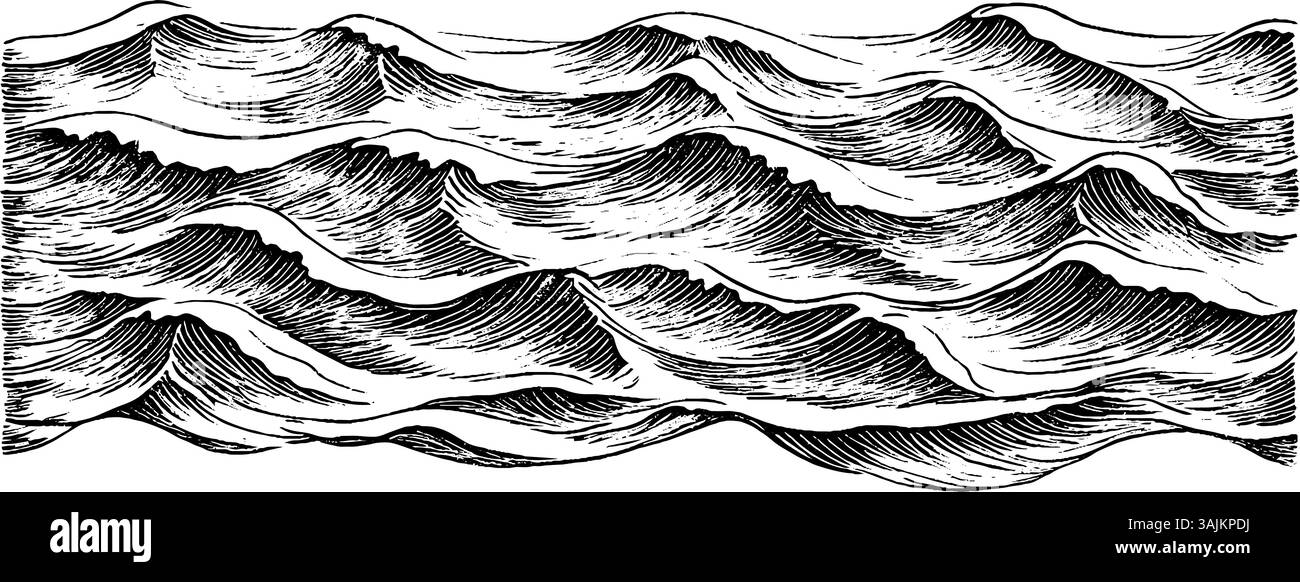An intricate black and white illustration of ocean waves, showcasing ...
