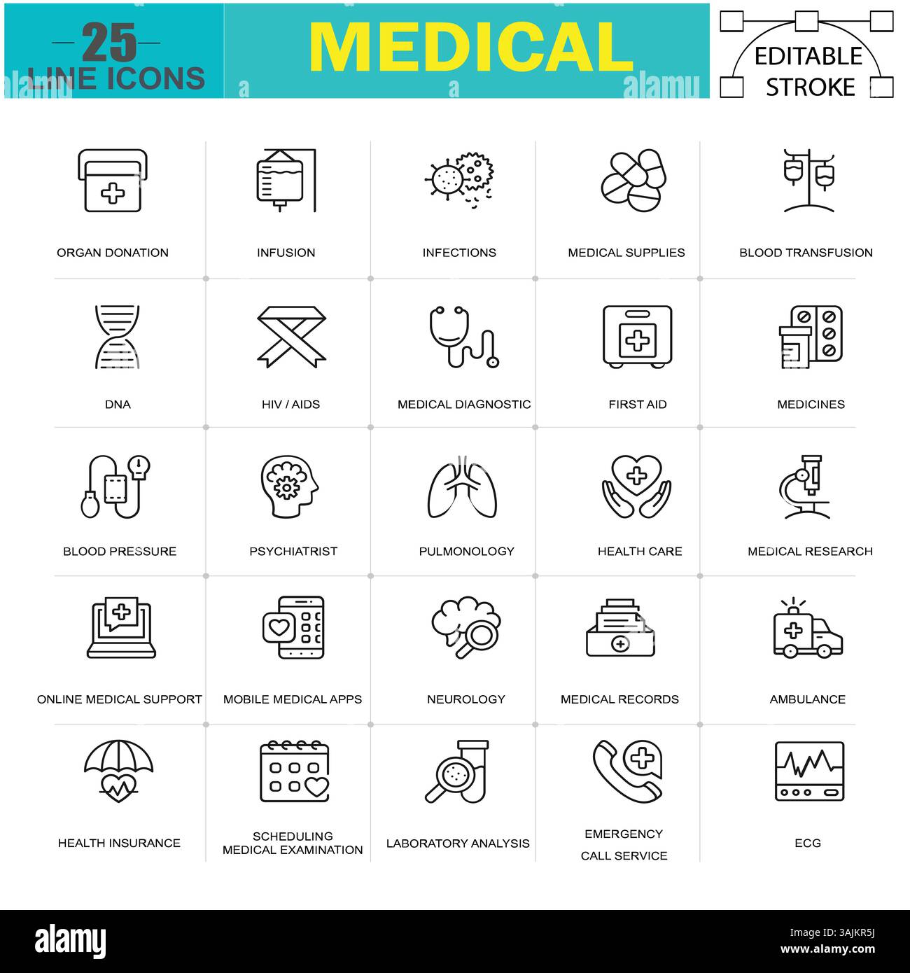 Medical Line Icon Set – Organ Donation, DNA, First Aid, ECG, Emergency ...