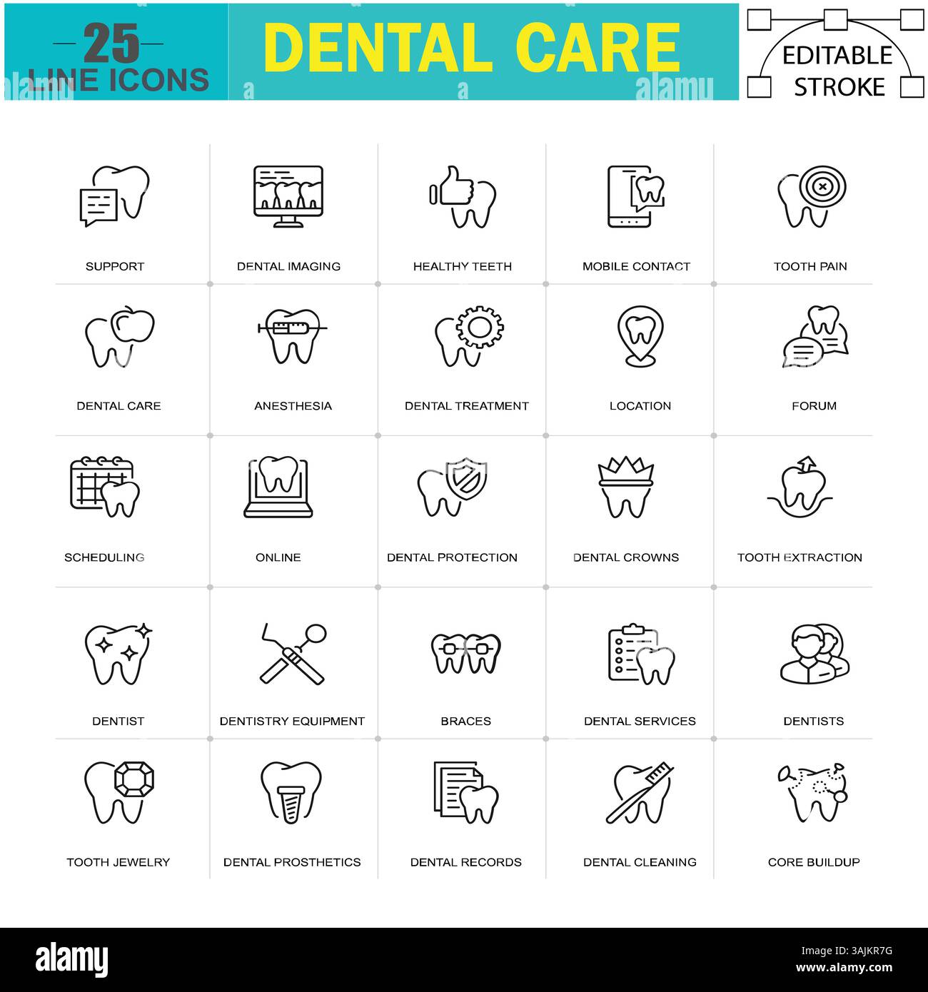Dental Care Line Icons – 25 Editable Stroke Vector Icons for Dentistry ...