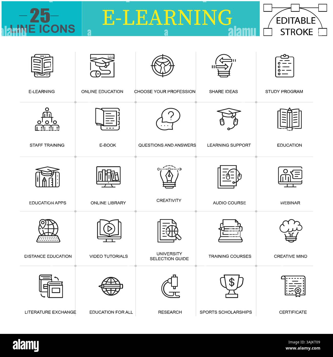 E-Learning Line Icons - 25 Editable Stroke Vector Icons for Online ...
