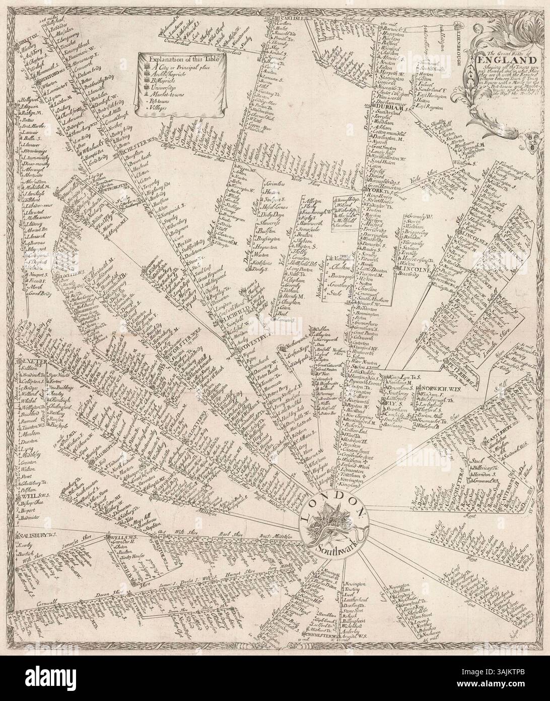 The Grand Roads of England, a map from 1679, shows the roads of England ...
