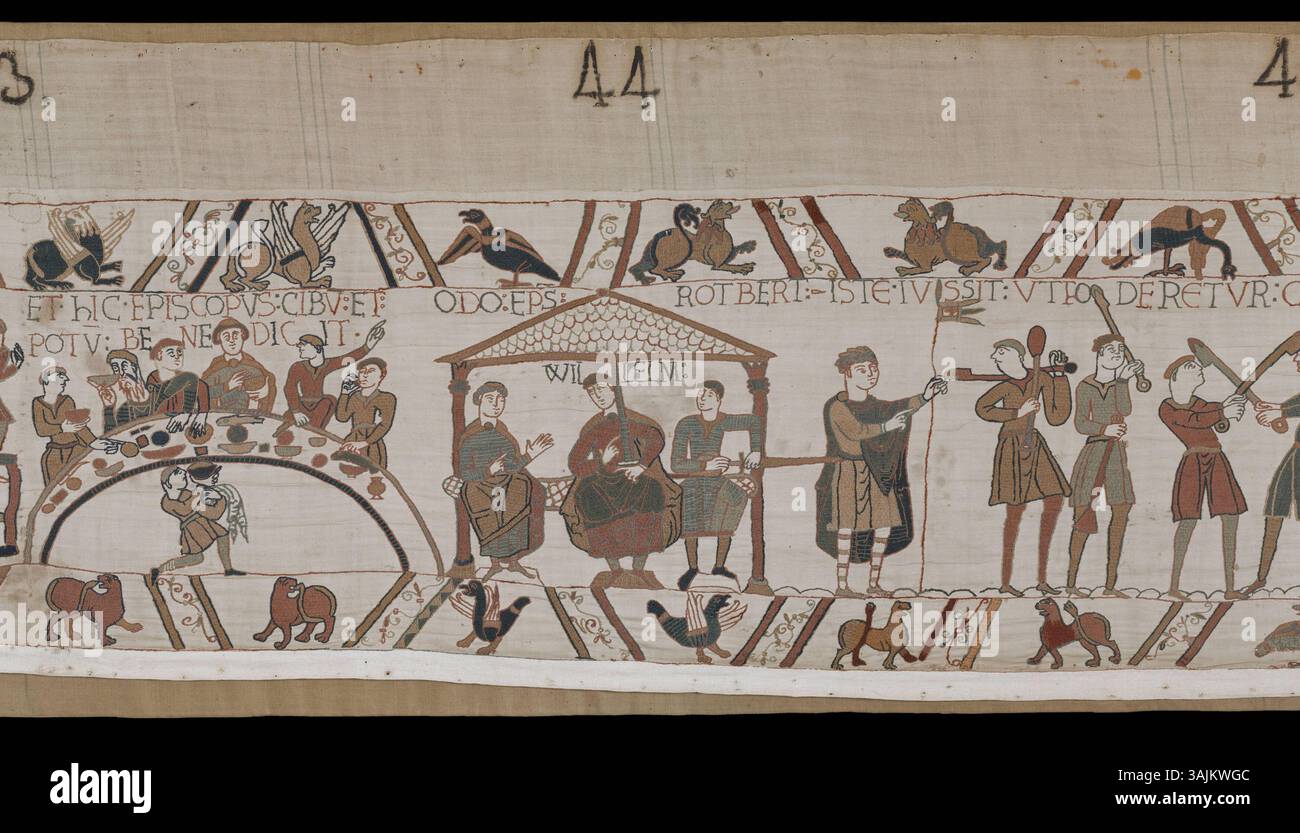 This scene from the Bayeux Tapestry depicts the 11th-century embroidery ...