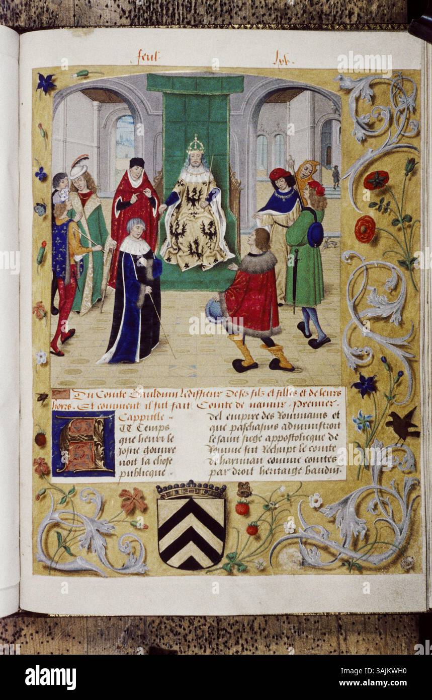 This illumination from 'Annales de Hainaut' depicts the court of Holy ...