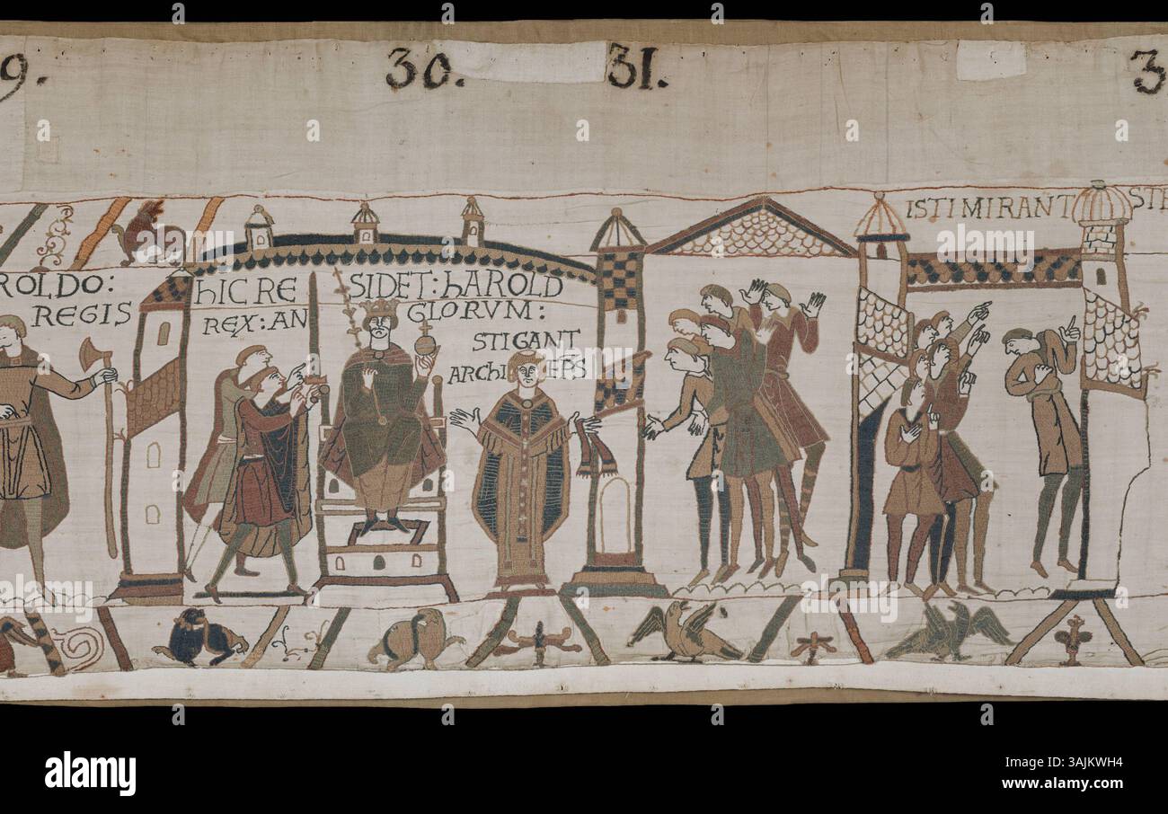 Scenes 30 and 31 from the Bayeux Tapestry illustrate the final stages ...