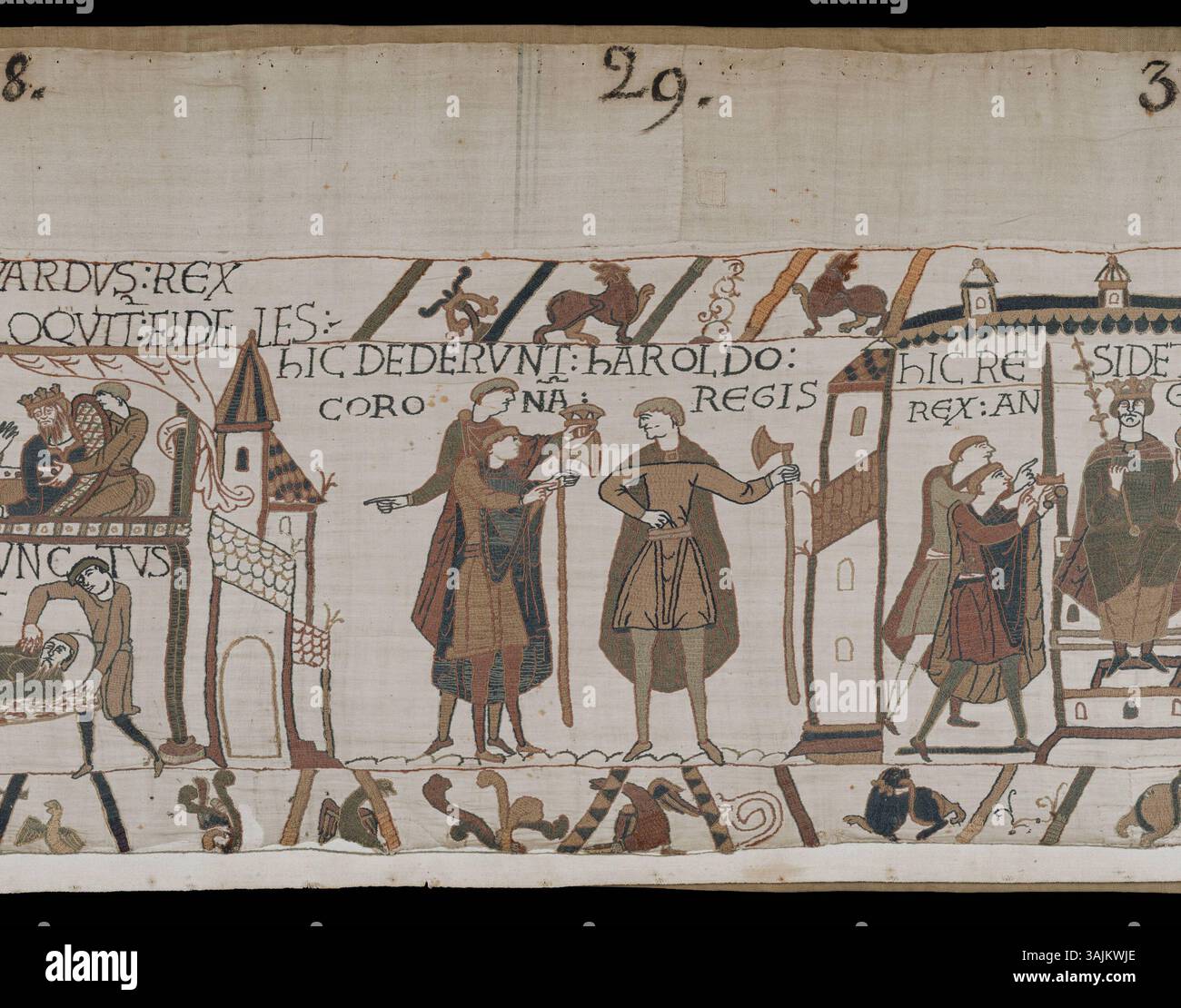 Scene 29 from the Bayeux Tapestry depicts significant events from the ...