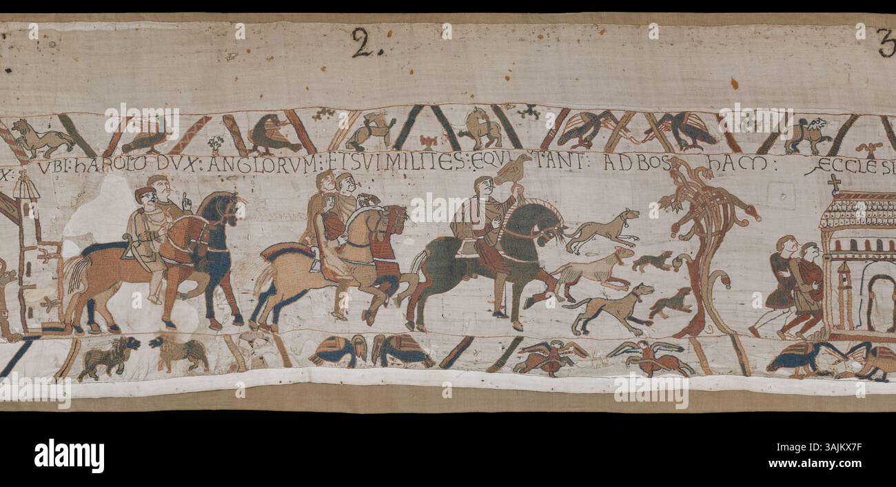 This scene from the Bayeux Tapestry, a remarkable medieval embroidery ...