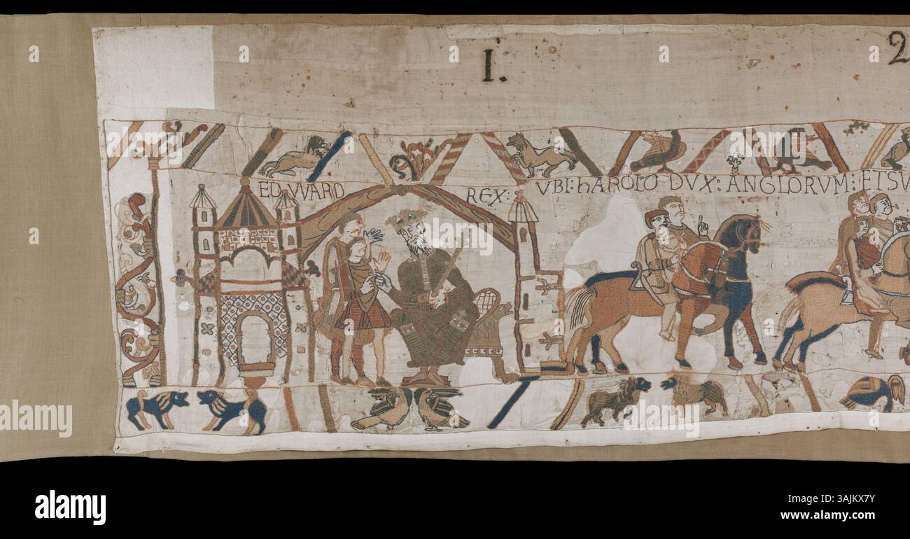 This scene from the Bayeux Tapestry, embroidered between 1066 and 1083 ...