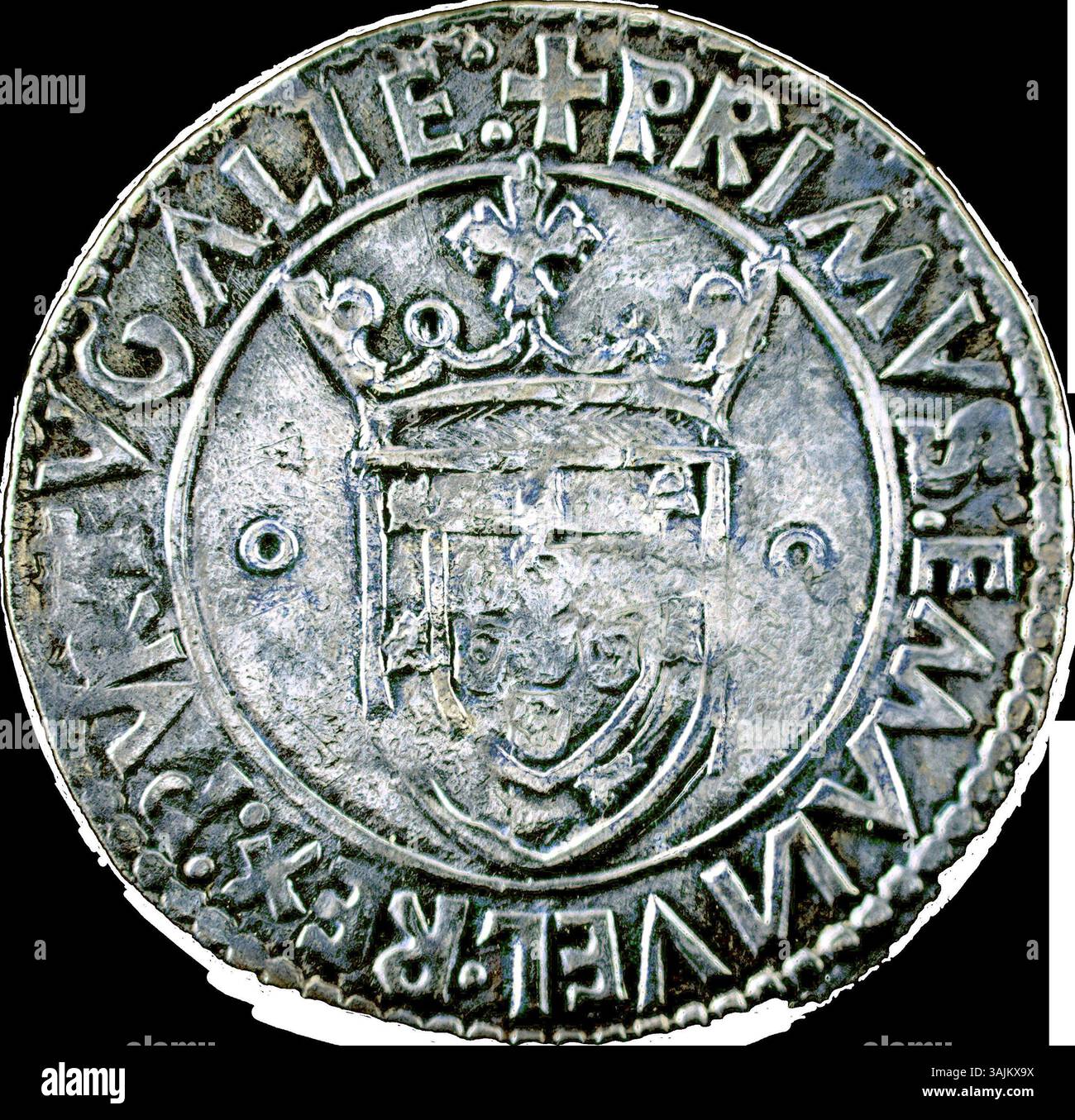 Obverse of a rare silver 'Índio' coin from the reign of Manuel I of ...