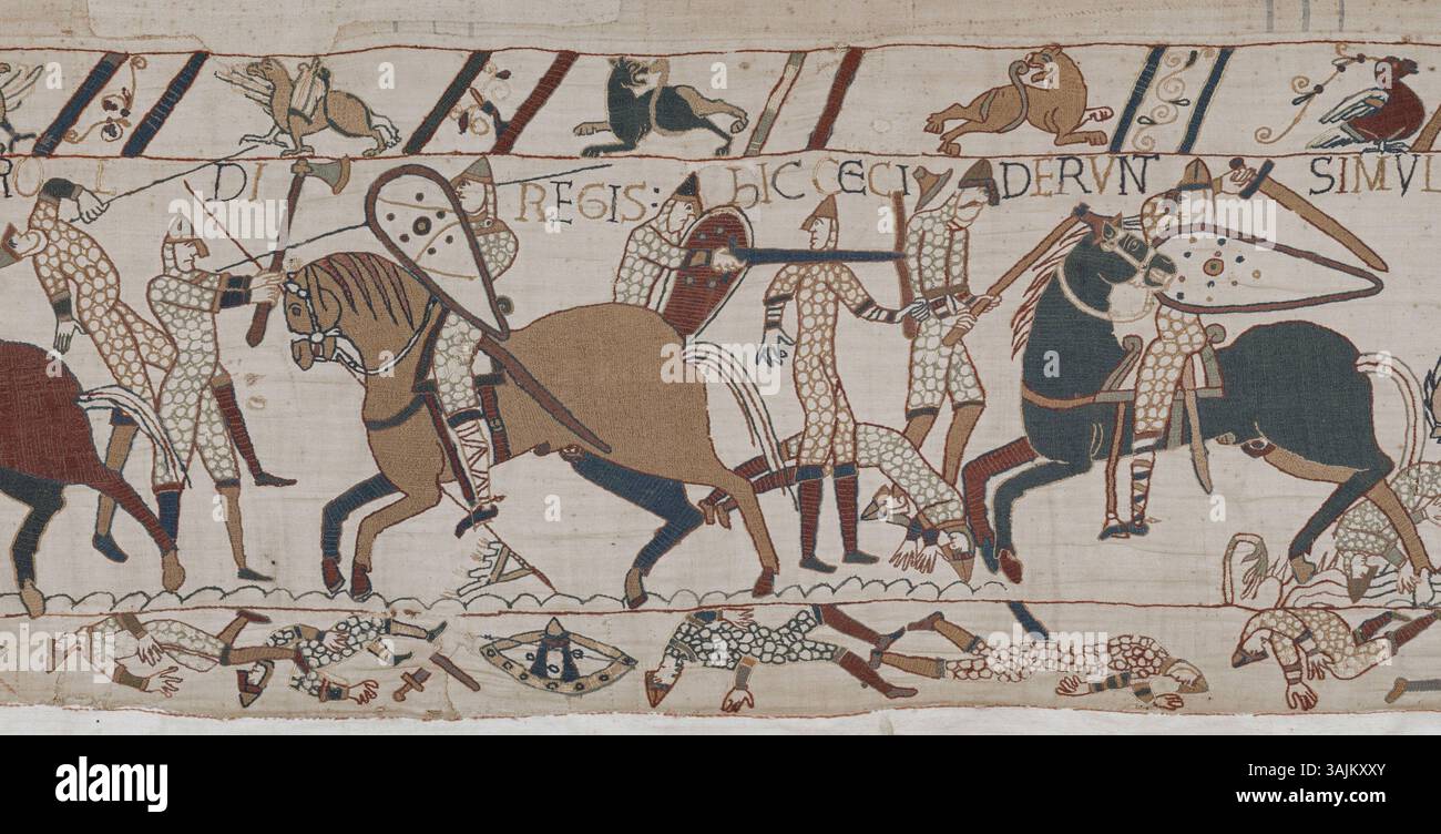 This detail from the Bayeux Tapestry depicts the historical scene from ...