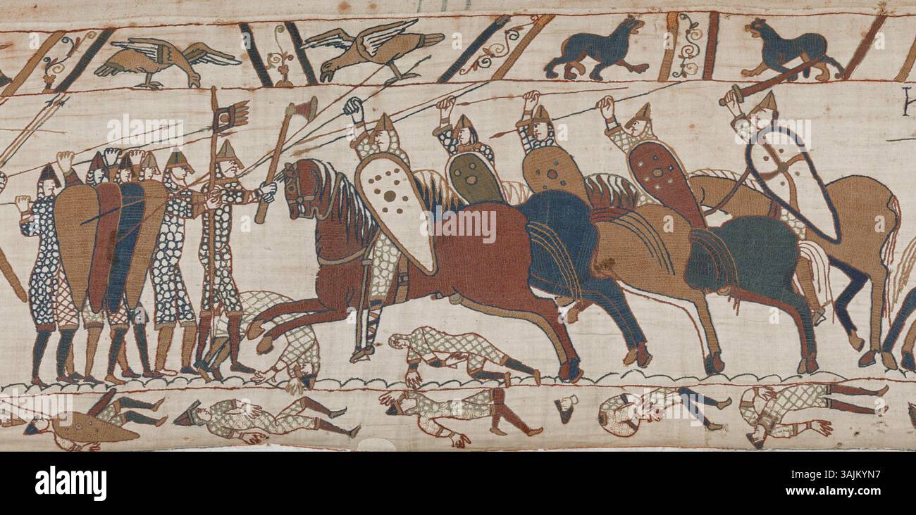 This scene from the Bayeux Tapestry depicts infantry and cavalry styles ...