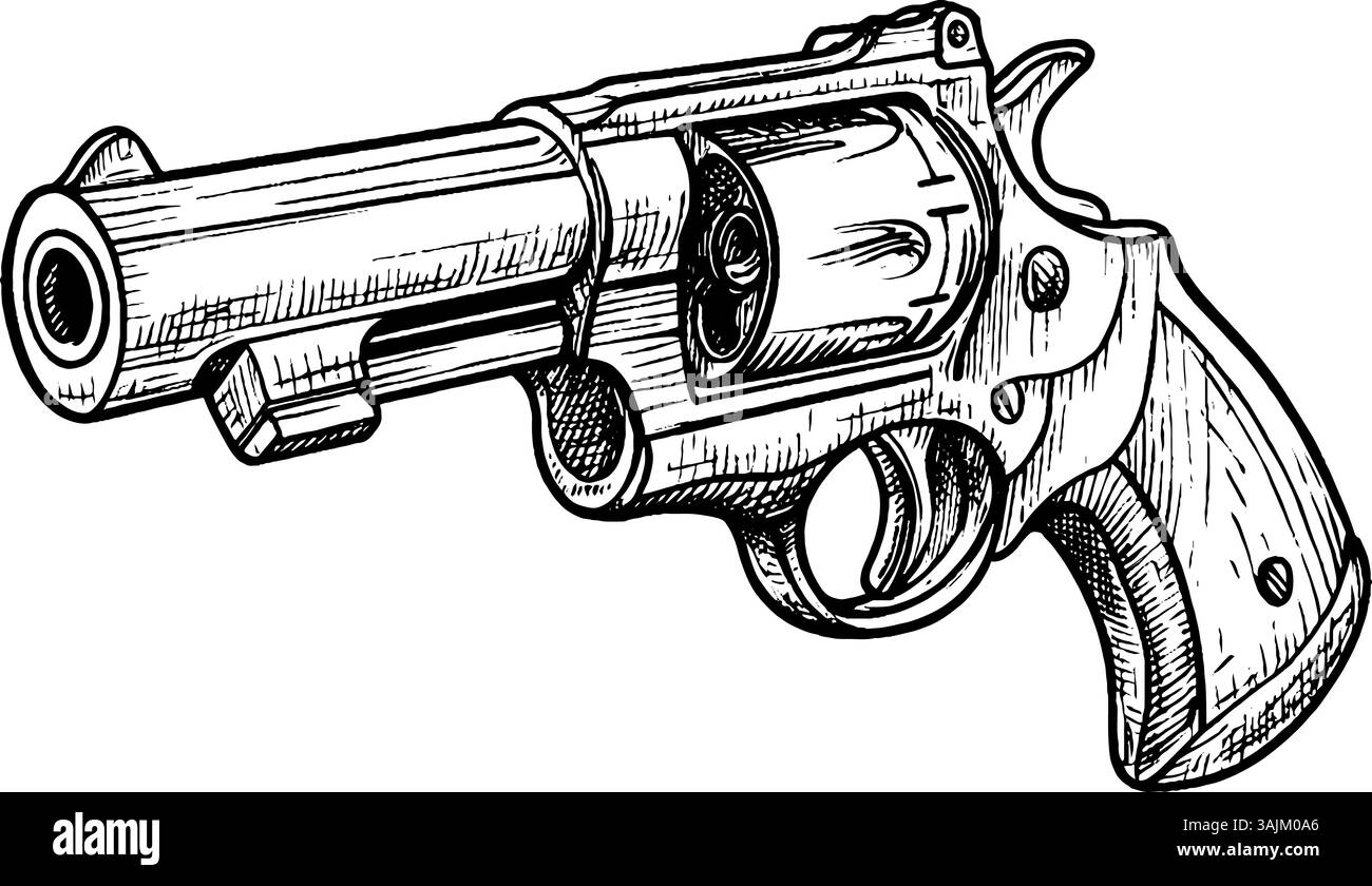 A detailed sketch of a revolver, showcasing its barrel, cylinder, and ...