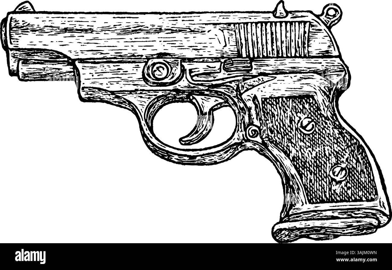 An illustration of a handgun, showcasing detailed engravings and a ...