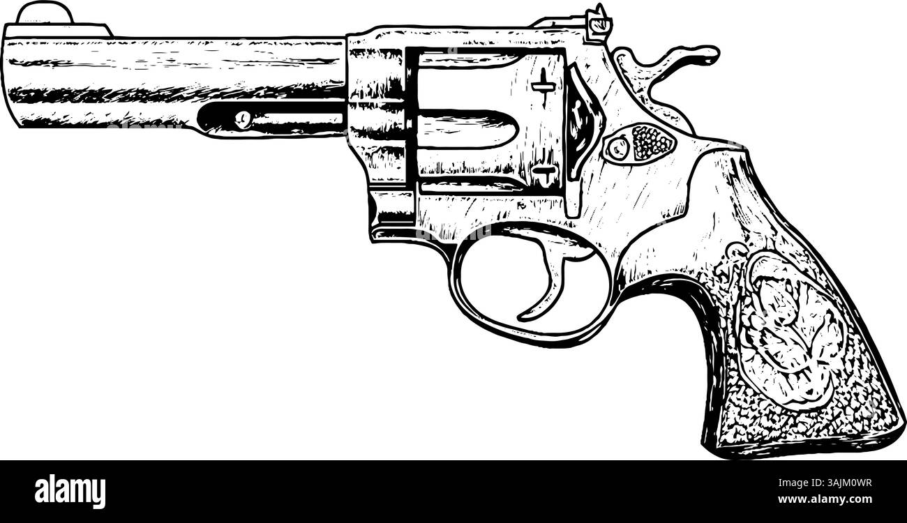 An illustration of a revolver with a detailed grip and barrel. The ...