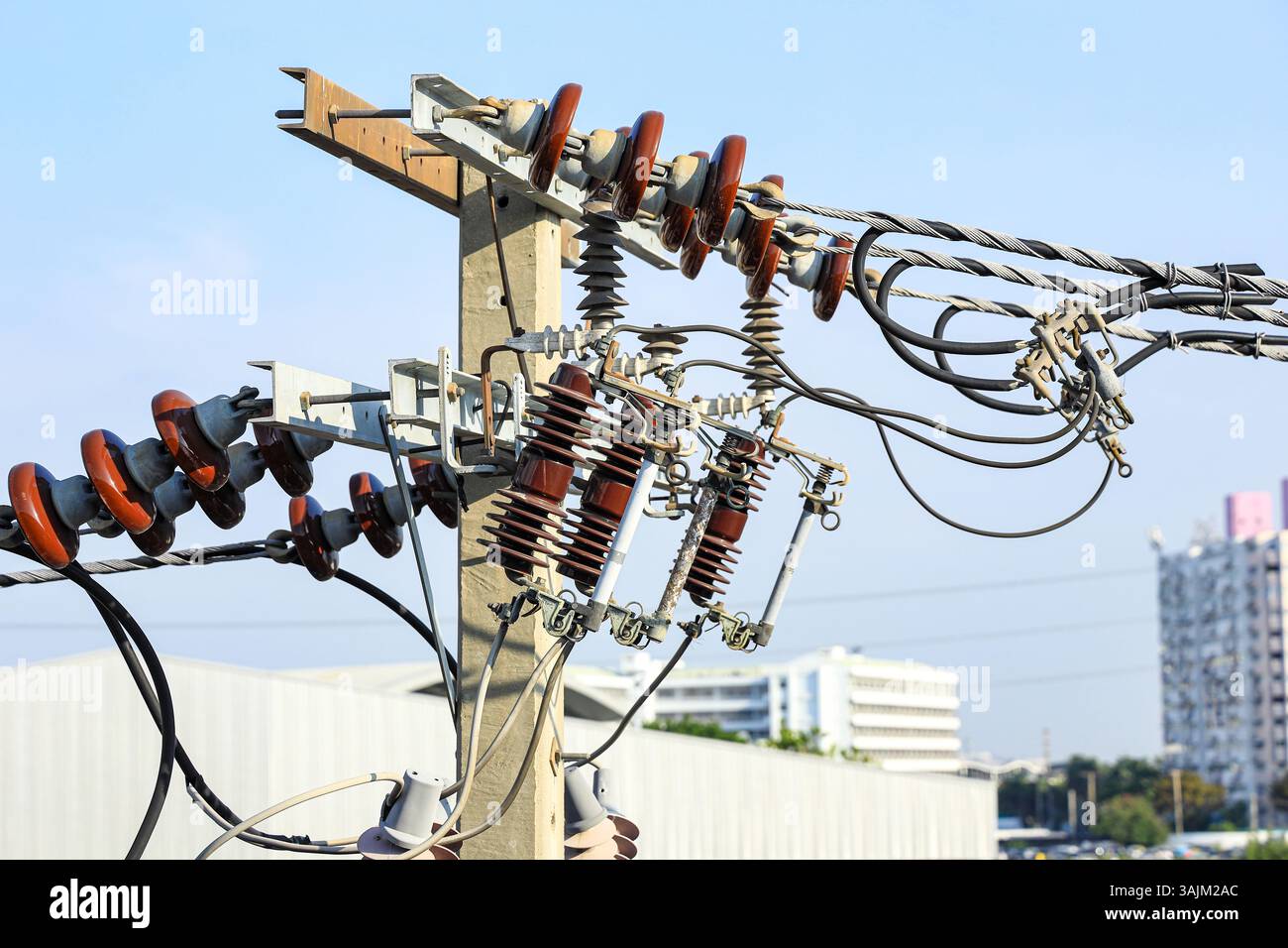 porcelain insulator on High voltage post, High voltage tower, show with ...