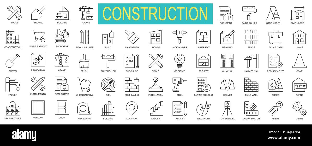 Construction and Building Line Icons Set – Engineering, Architecture, and Tools. Vector ...