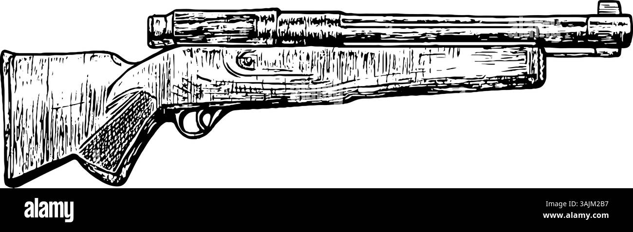 An illustration of a vintage shotgun with a wooden stock and a long ...