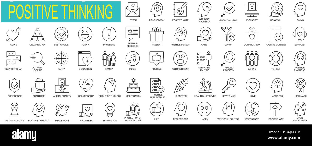 Set of Positive thinking web icons in thin line design. Pack of family ...