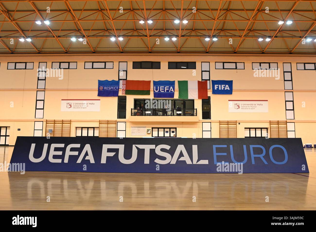 Gzira, Malta. 11th Apr, 2025. A general view of the flags and UEFA Futsal Euro Board before the ...