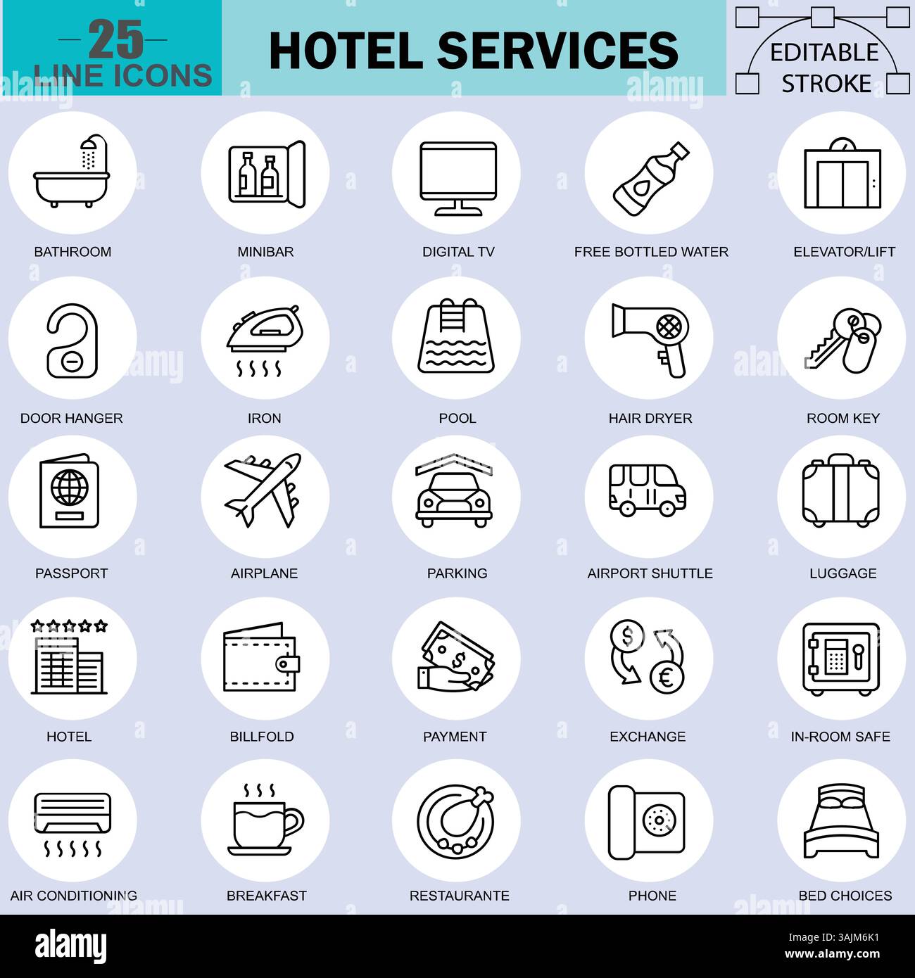 Hotel Services Icon Set – 25 Editable Line Vector Icons for Hospitality ...