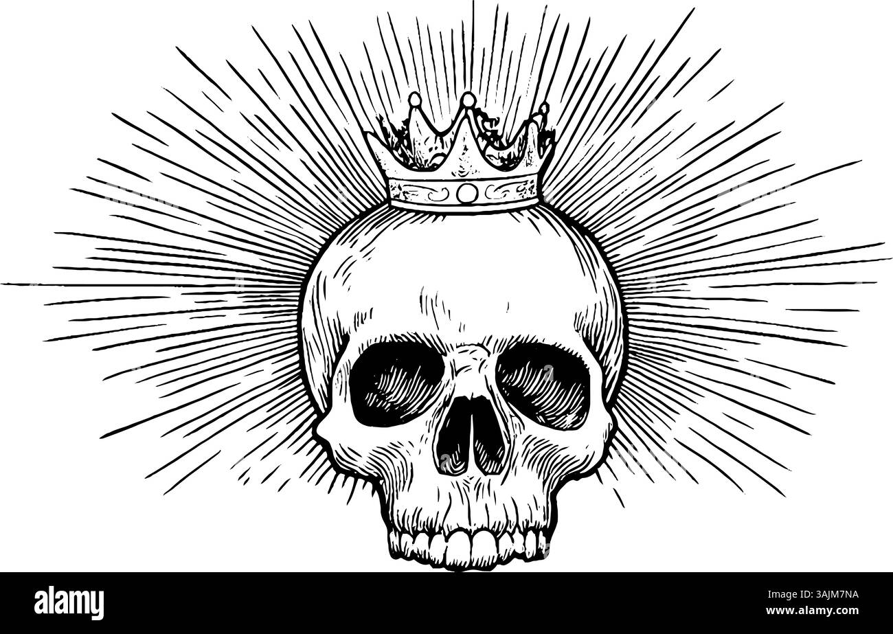 A detailed illustration of a skull adorned with a crown, radiating ...