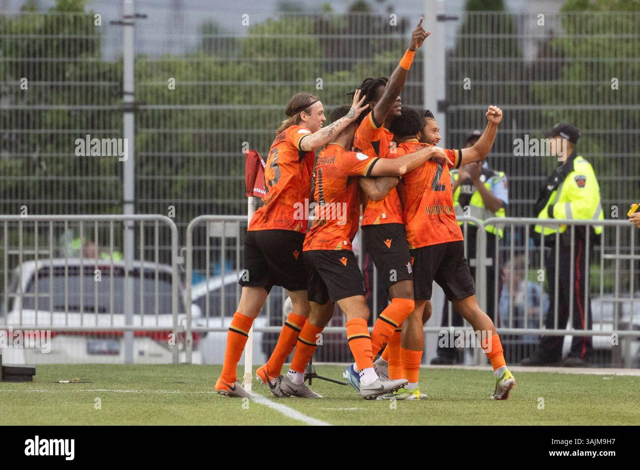 Hamilton, Canada. 10th July, 2024. Forge FC players celebrate a goal ...