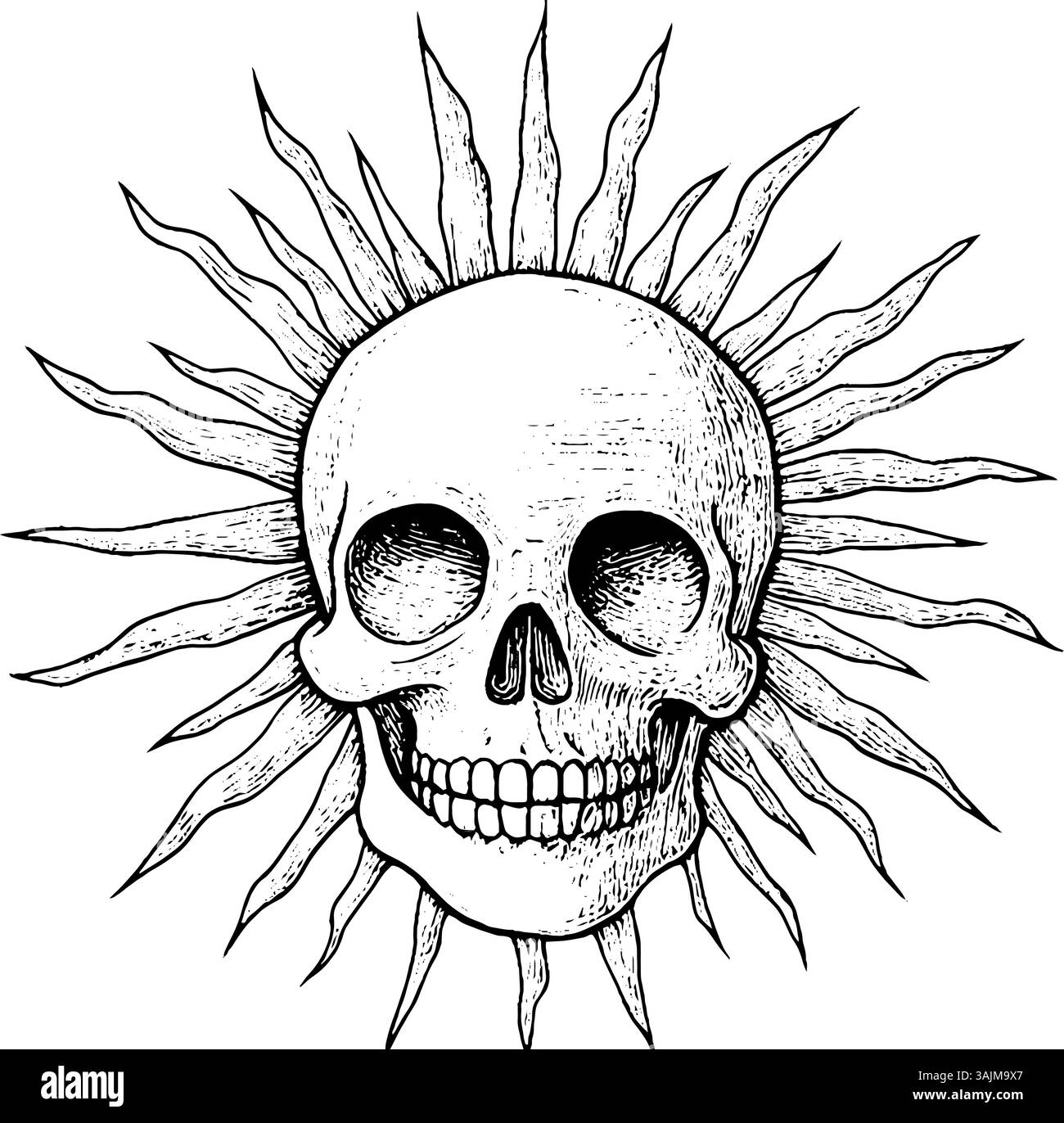 A detailed illustration of a skull surrounded by sun rays, featuring ...