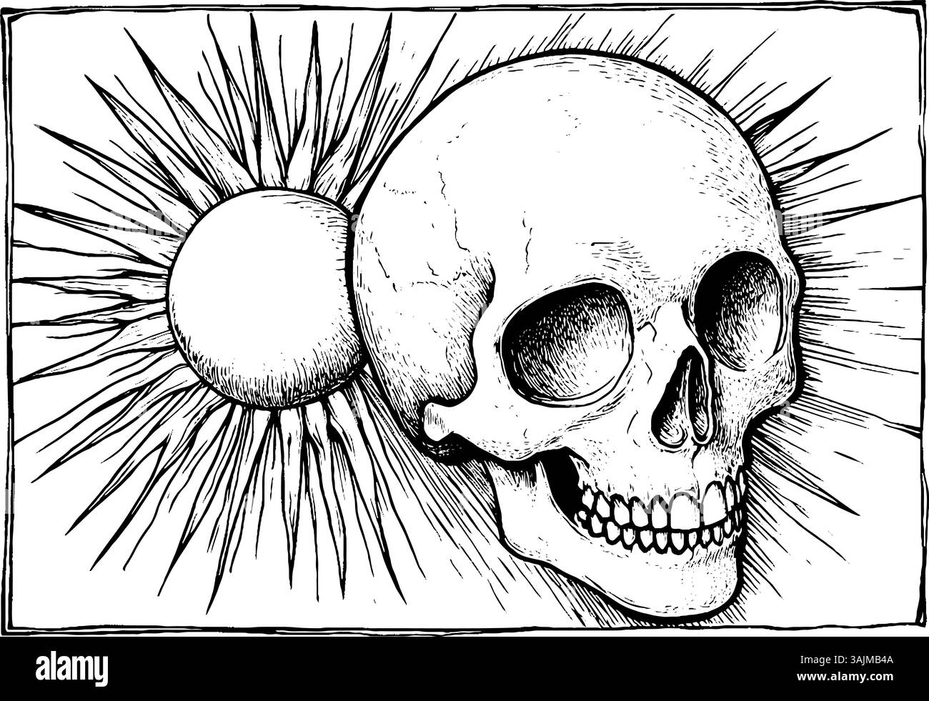 A detailed illustration of a human skull positioned next to a sun, with ...