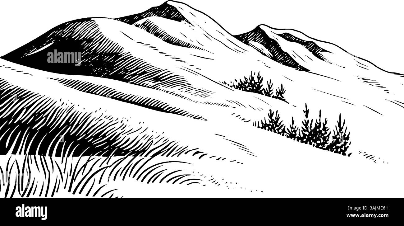 A stylized black and white illustration of rolling hills and mountains ...
