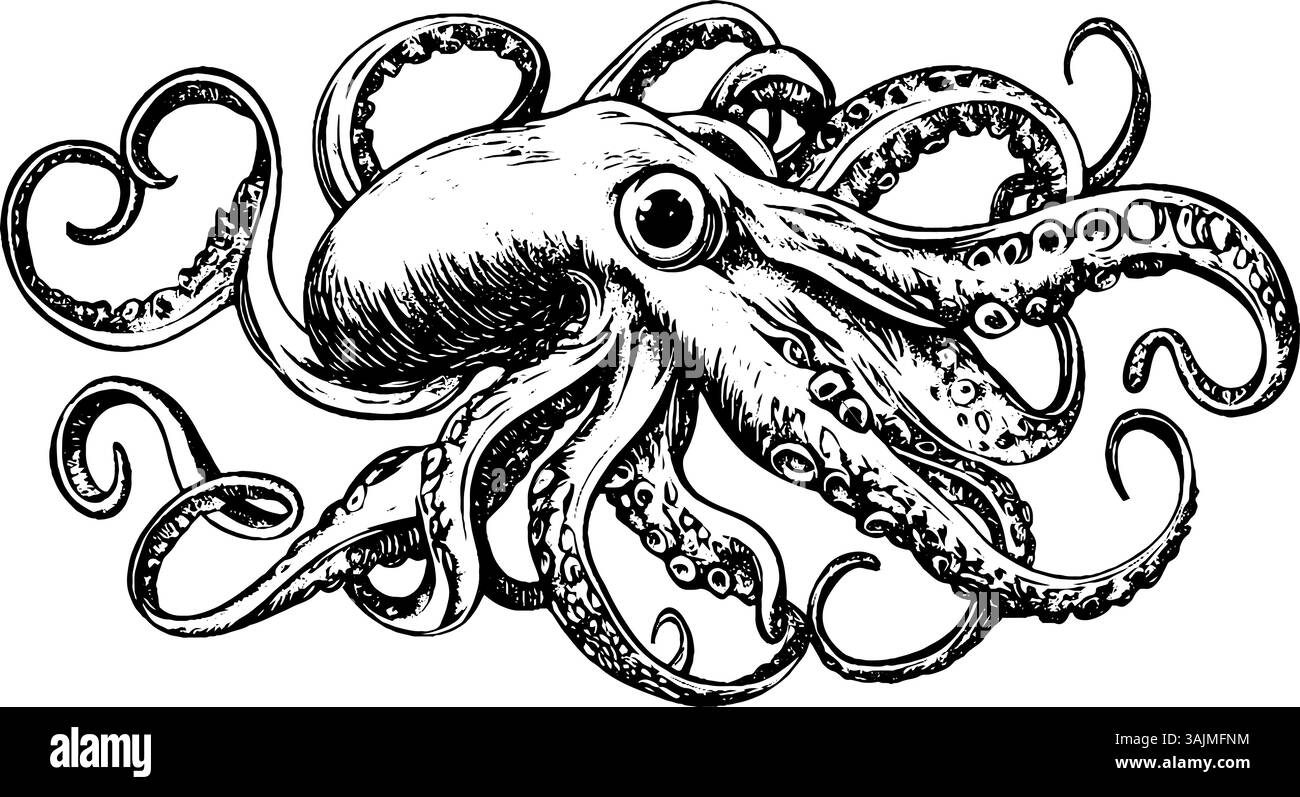 An intricately detailed black and white illustration of an octopus with ...