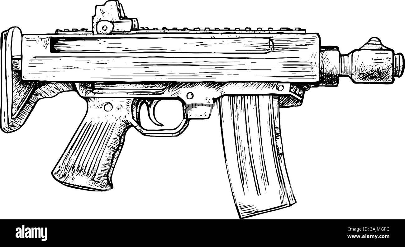 A detailed illustration of a modern submachine gun, showcasing its ...