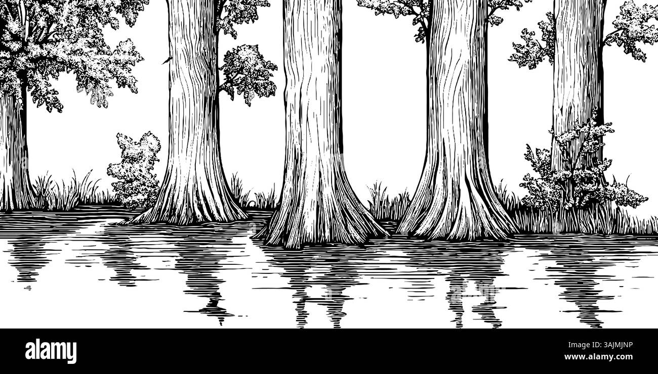 An illustration of tall trees with textured bark standing in shallow ...