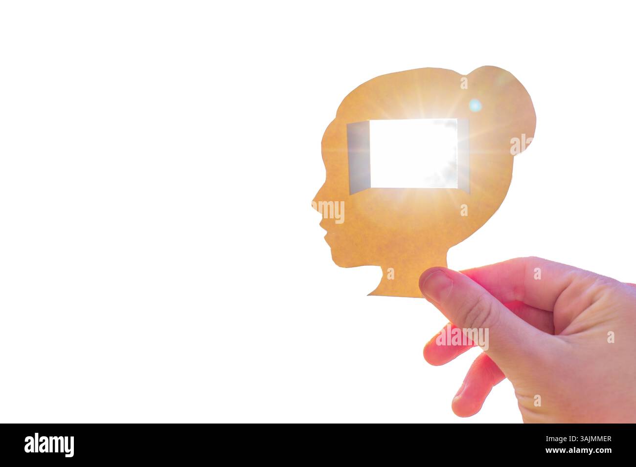 Paper cutout of a woman's head in profile in hand, with shutters in the ...