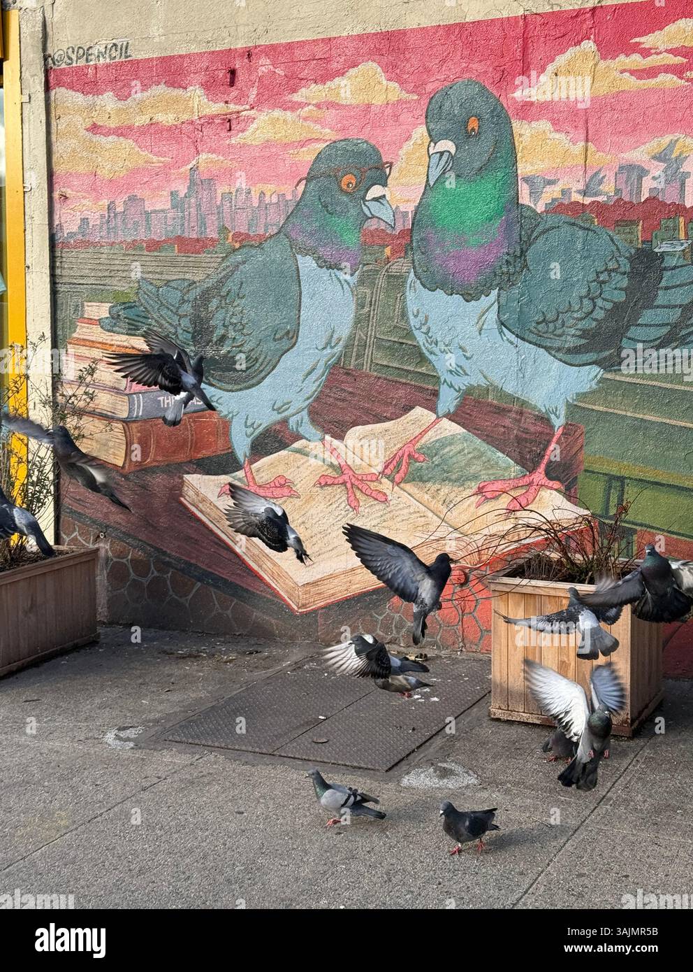 Pigeons fluttering around in front of the pigeon mural art the Lofty ...