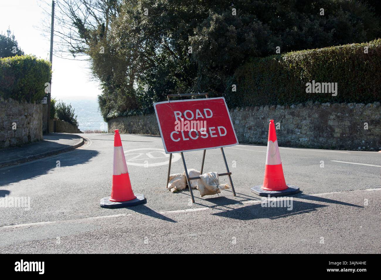 road closure sign and cones, (Ventnor, Isle of Wight), England Stock ...