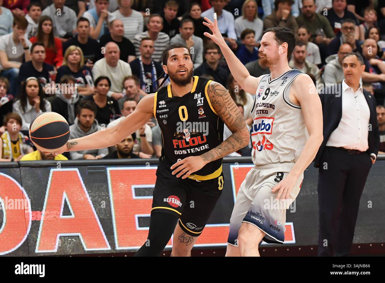 Hasselt, Belgium. 11th Apr, 2025. Oostende's Timmy Allen and Limburg's ...