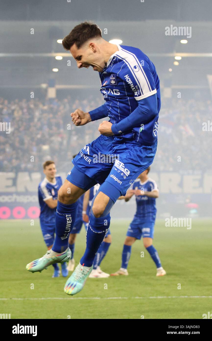 LINZ, AUSTRIA - APRIL 11: Conor Noss of Blau Weiss Linz celebrates his ...