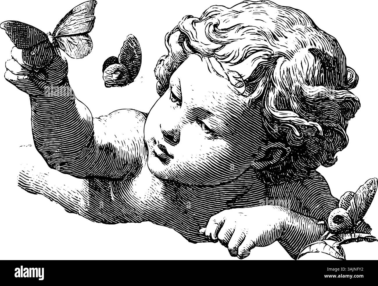 Cherubic child with butterflies - vintage black and white illustration ...