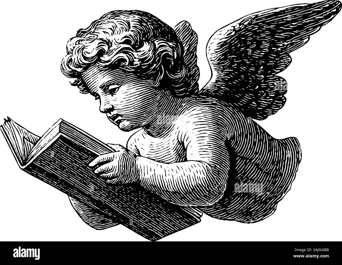 Cherubic angel reading book sketch - young winged figure in monochrome ...