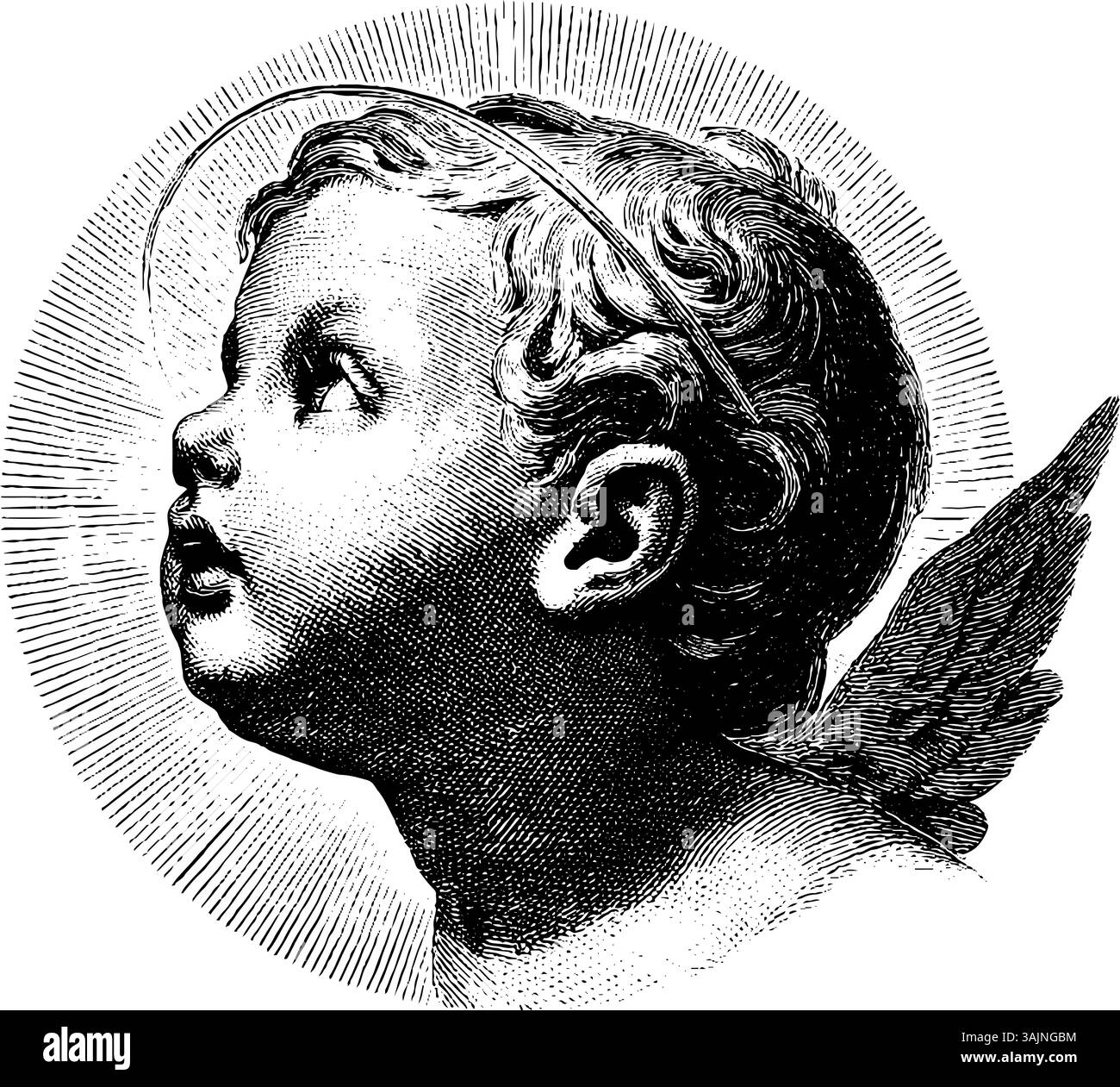 Antique engraving of cherubic child with halo and wings in profile ...