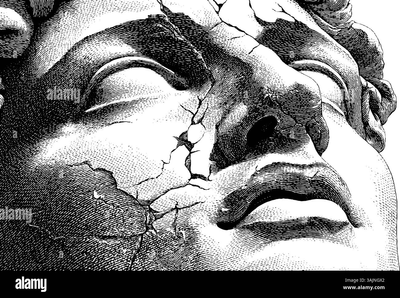 Detailed black and white sketch of cracked classical sculpture face ...