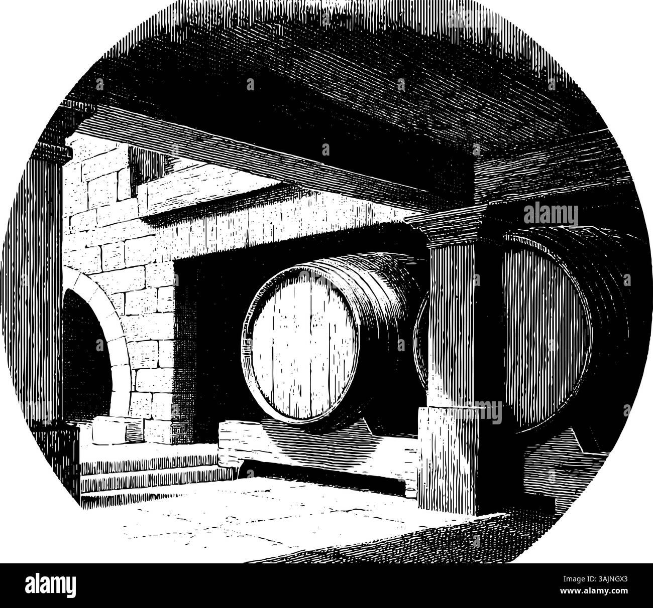 Rustic wine cellar with wooden barrels in historic stone building Stock ...