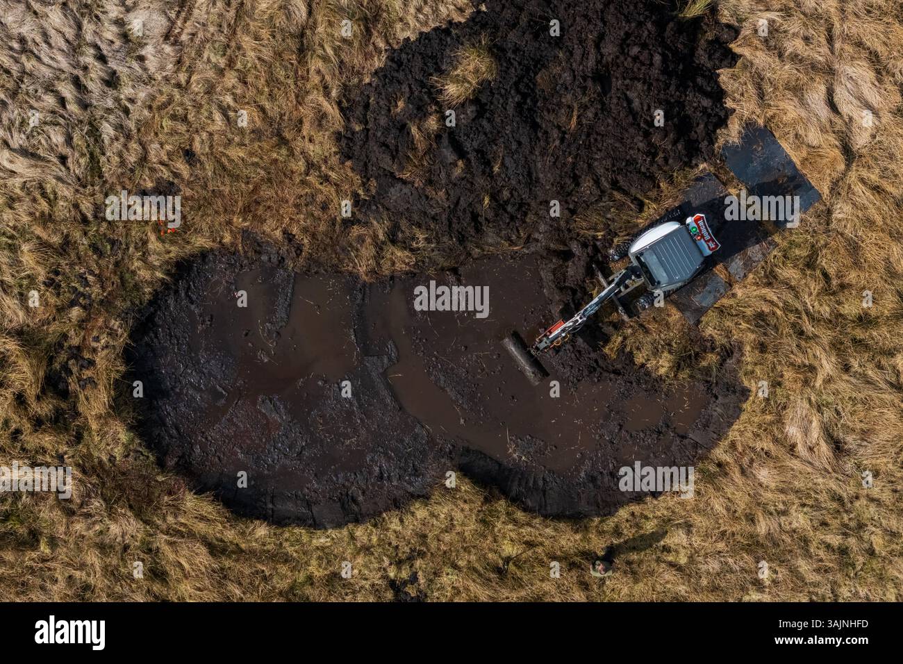 Digger excaving a pond to create wildlife habitat in Northumberland, UK ...