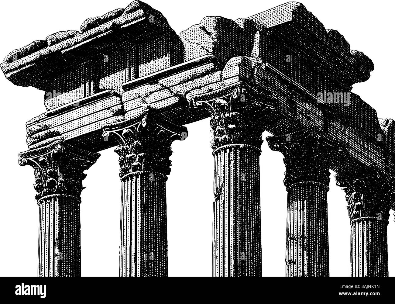 Ancient roman temple ruins with corinthian columns in black and white ...