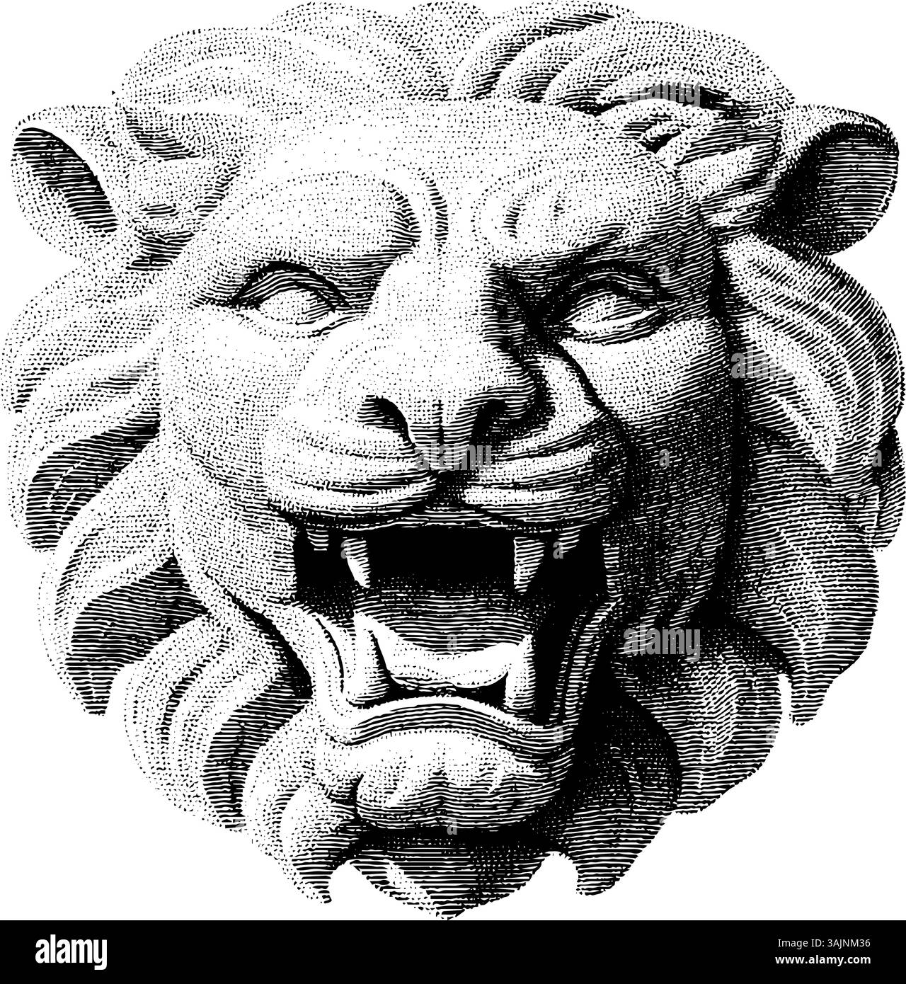 Intricate lion head stone carving with open mouth in black and white ...