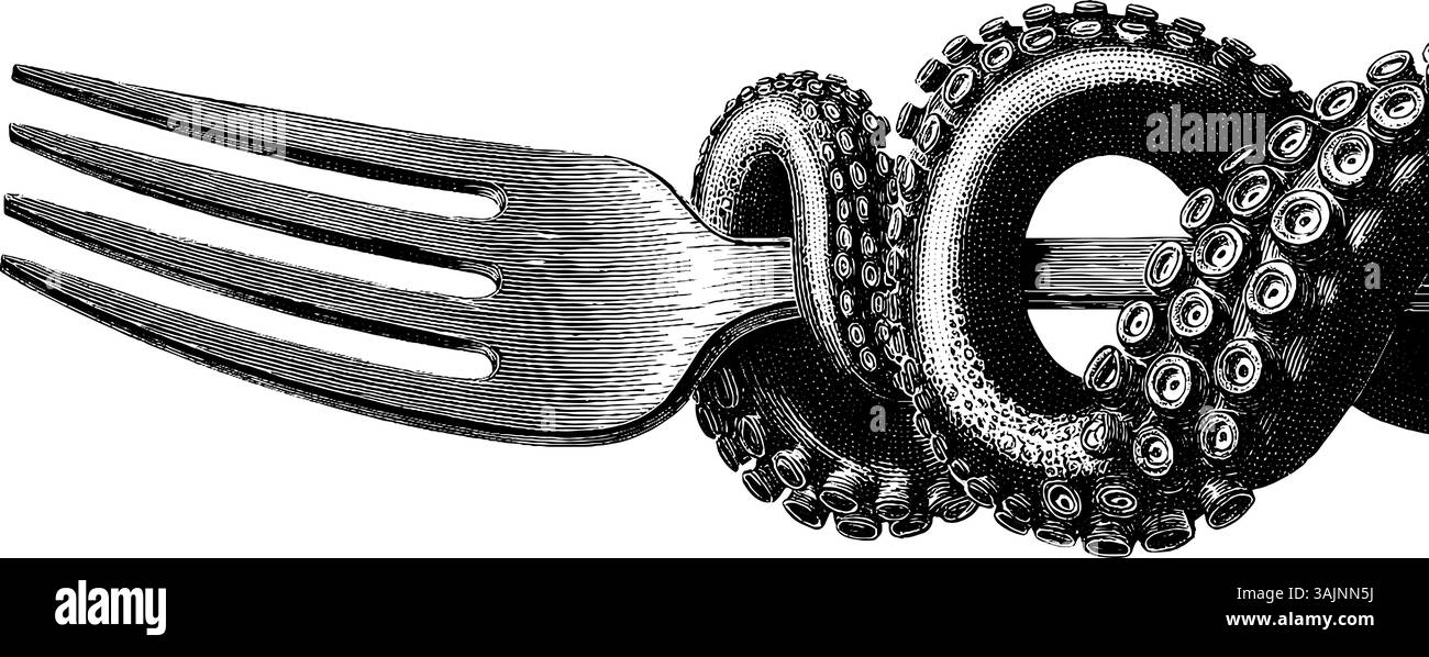 Vintage fork wrapped by octopus tentacle - intricate black and white ...
