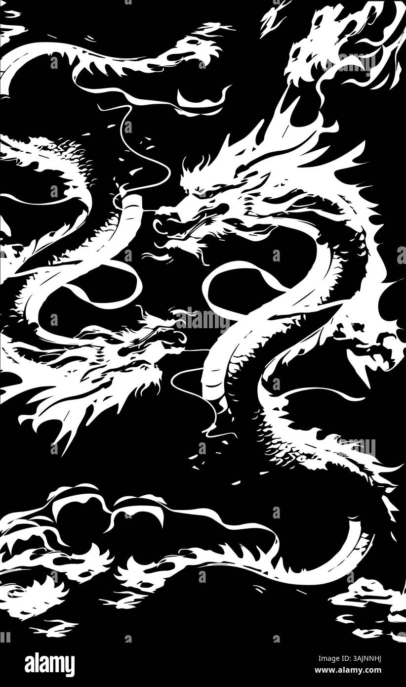 Oriental dragon rendered in bold calligraphy strokes and gritty ink ...