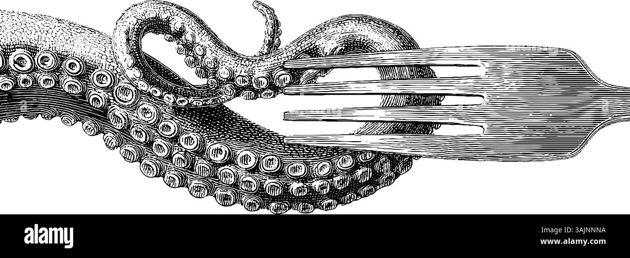 Intricate octopus tentacle illustration with fork in black and white ...