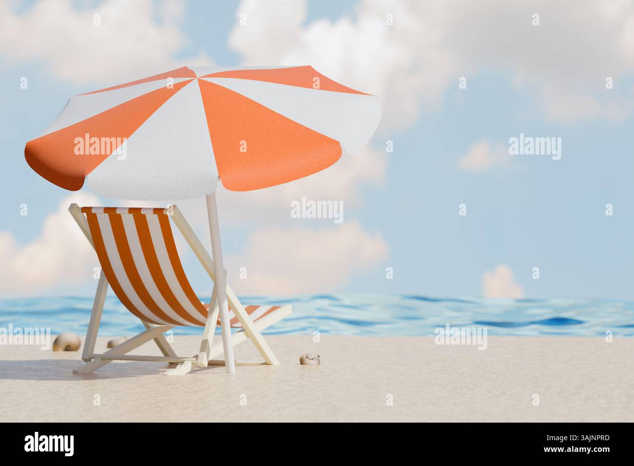 A beach scene featuring a striped umbrella and chair, perfect for ...