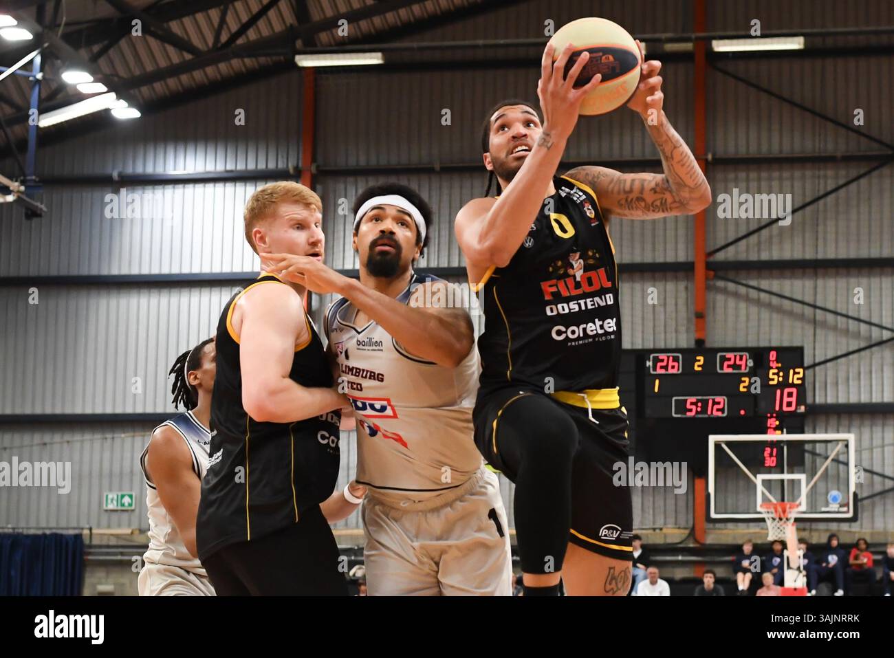 Hasselt, Belgium. 11th Apr, 2025. Oostende's Matthias Tass, Limburg's ...
