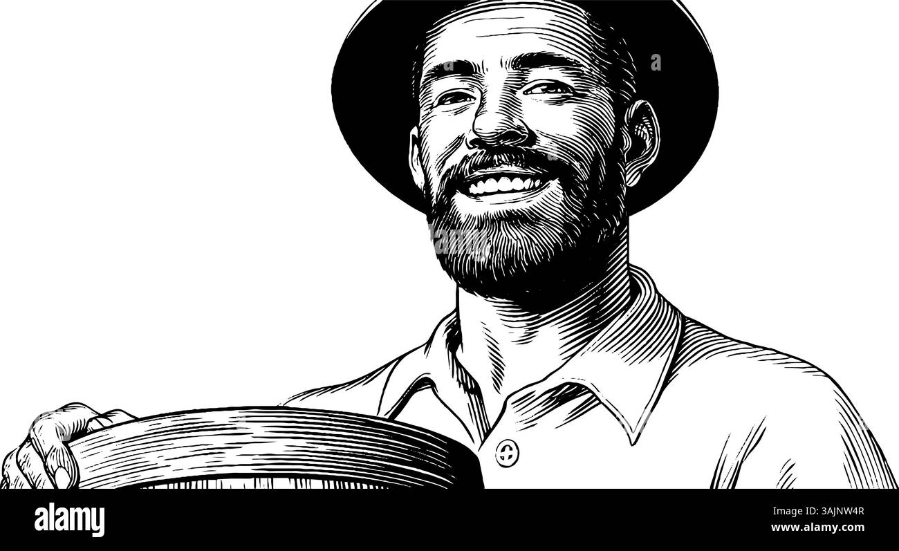 Smiling caucasian male adult with hat holding barrel in vintage style ...